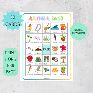 Aloha Bingo, Luau Bingo, Hawaiian Bingo, 30 Luau Bingo Cards, Luau ...
