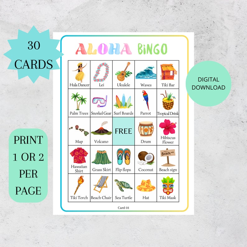Aloha Bingo, Luau Bingo, Hawaiian Bingo, 30 Luau Bingo Cards, Luau ...