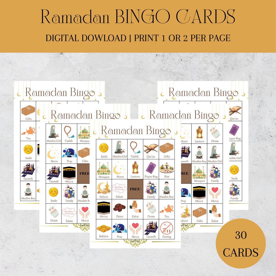 Ramadan Bingo Cards, 30 Printable Bingo Cards, Printable Bingo, Ramadan ...