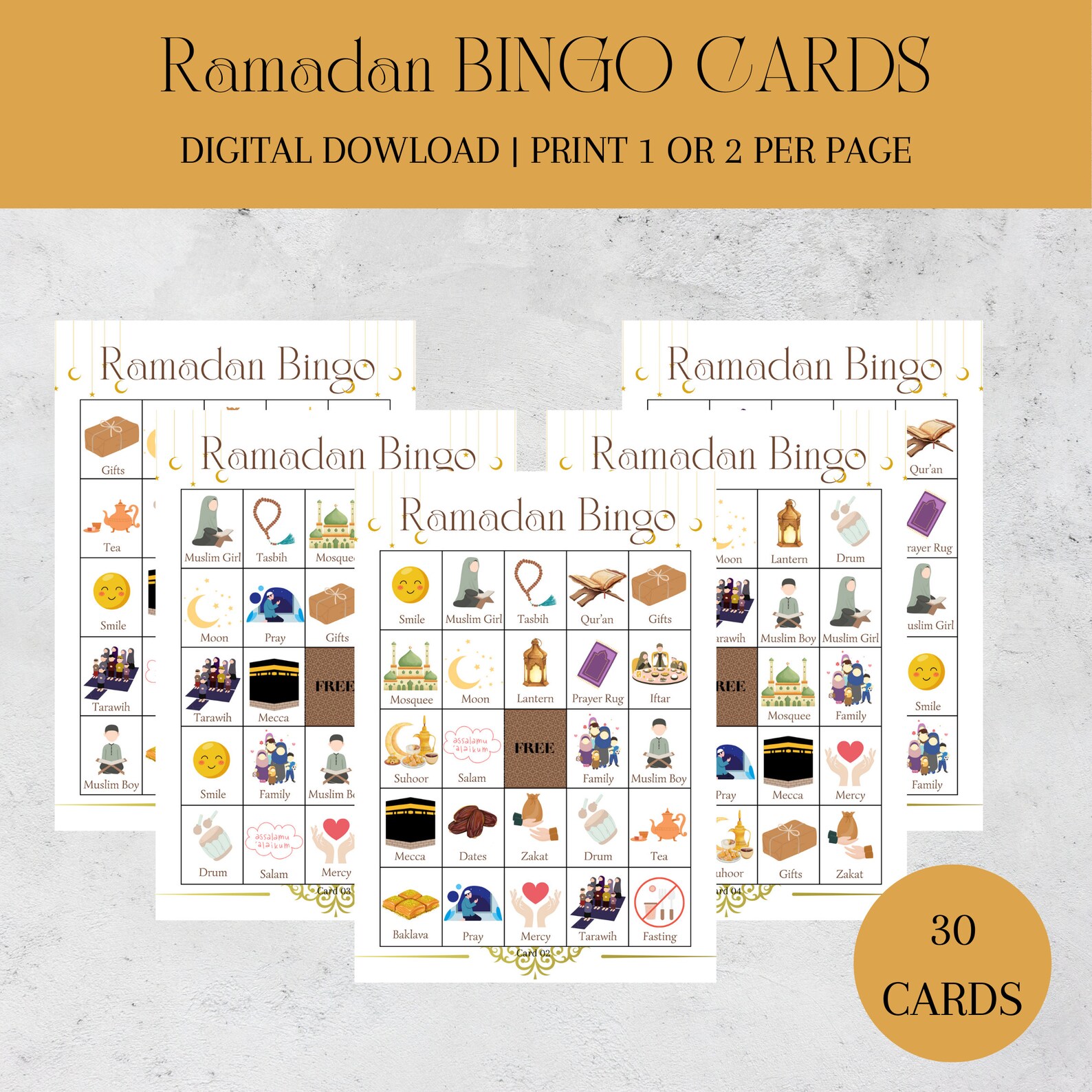 Ramadan Bingo Cards, 30 Printable Bingo Cards, Printable Bingo, Ramadan ...