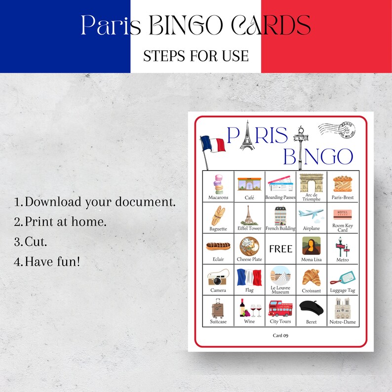 Paris Bingo, 30 Paris Bingo Cards, Road Trip Game, Travel Game, Travel ...