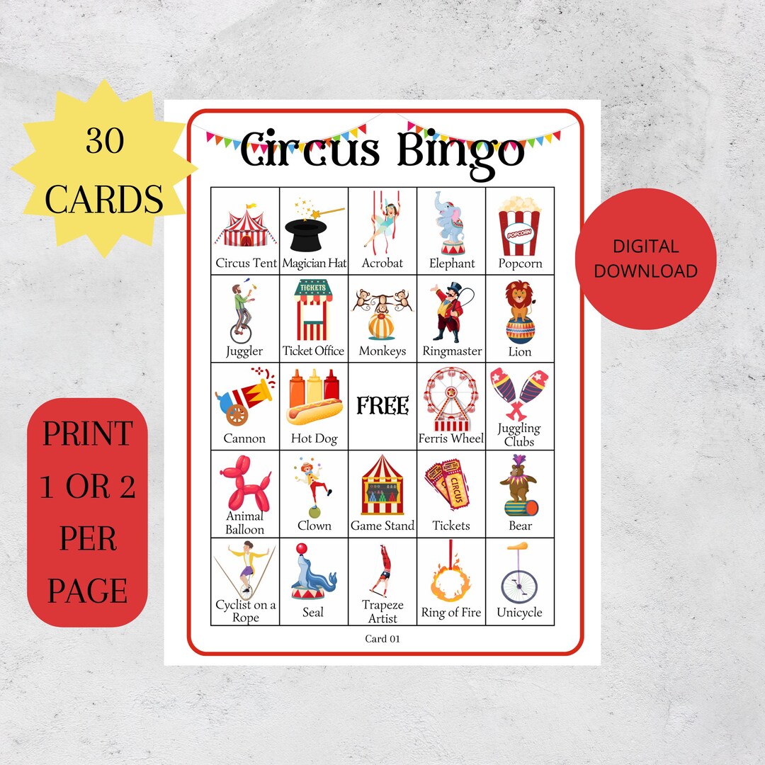 Circus Bingo, 30 Printable Circus Bingo Cards, Circus Party Game ...