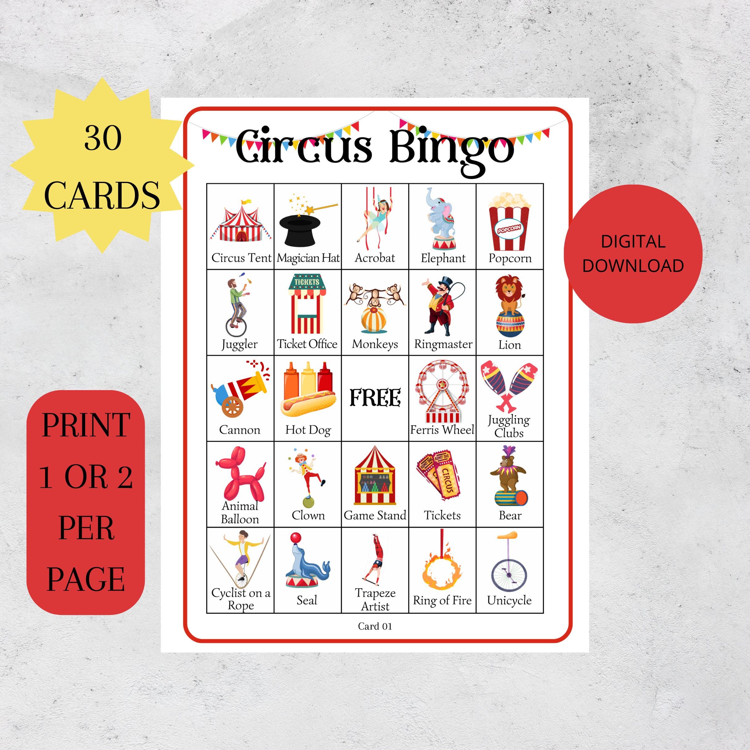 Circus Bingo, 30 Printable Circus Bingo Cards, Circus Party Game ...