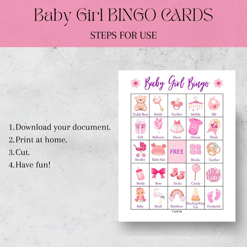 Baby Girl Bingo, 30 Baby Shower Bingo Cards, Baby Girl Shower Printable ...
