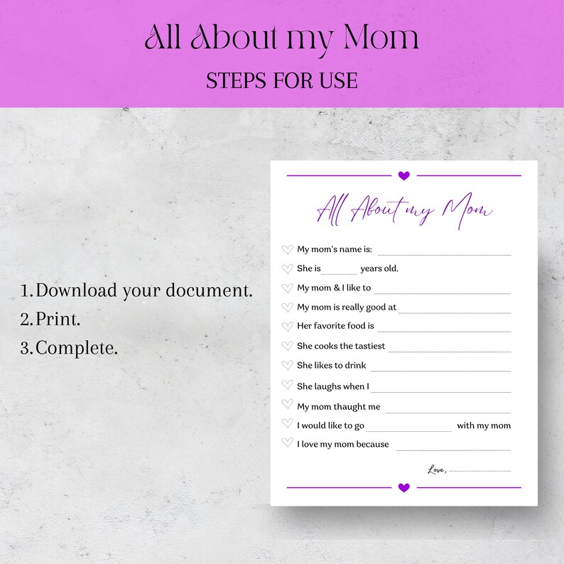 All About My Mom, Mother's Day Gift, Mother's Day Printable, Mother's ...