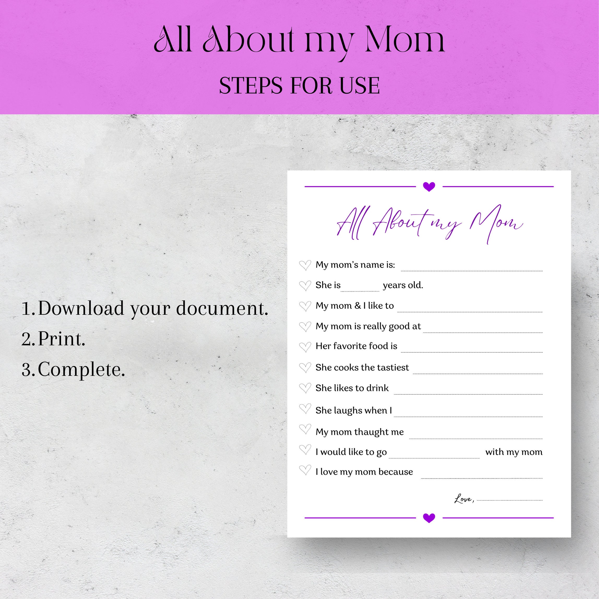 All About My Mom, Mother's Day Gift, Mother's Day Printable, Mother's ...