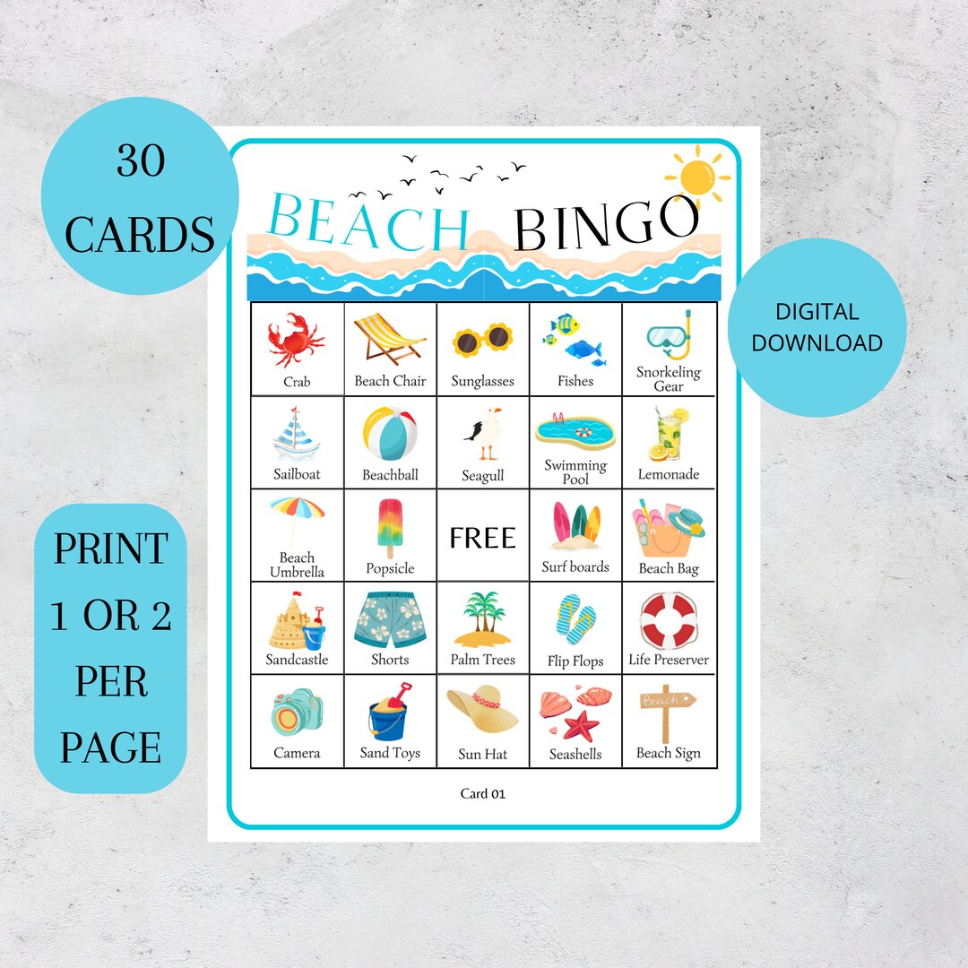 Beach Bingo, 30 Beach Bingo Cards, Beach Game, Beach Game, Beach ...