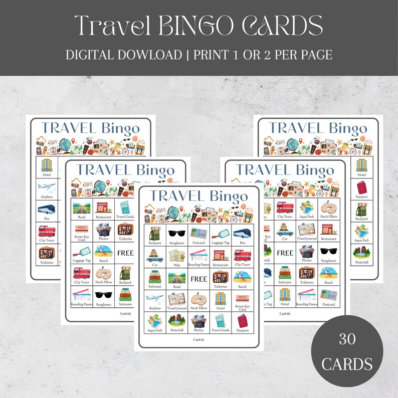 Travel Bingo, 30 Travel Bingo Cards, Road Trip Game, Travel Game ...