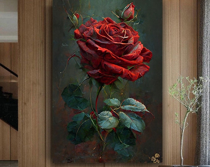 Red Rose Canvas, Red Rose Wall Art, Red Rose on the Branch Painting ...