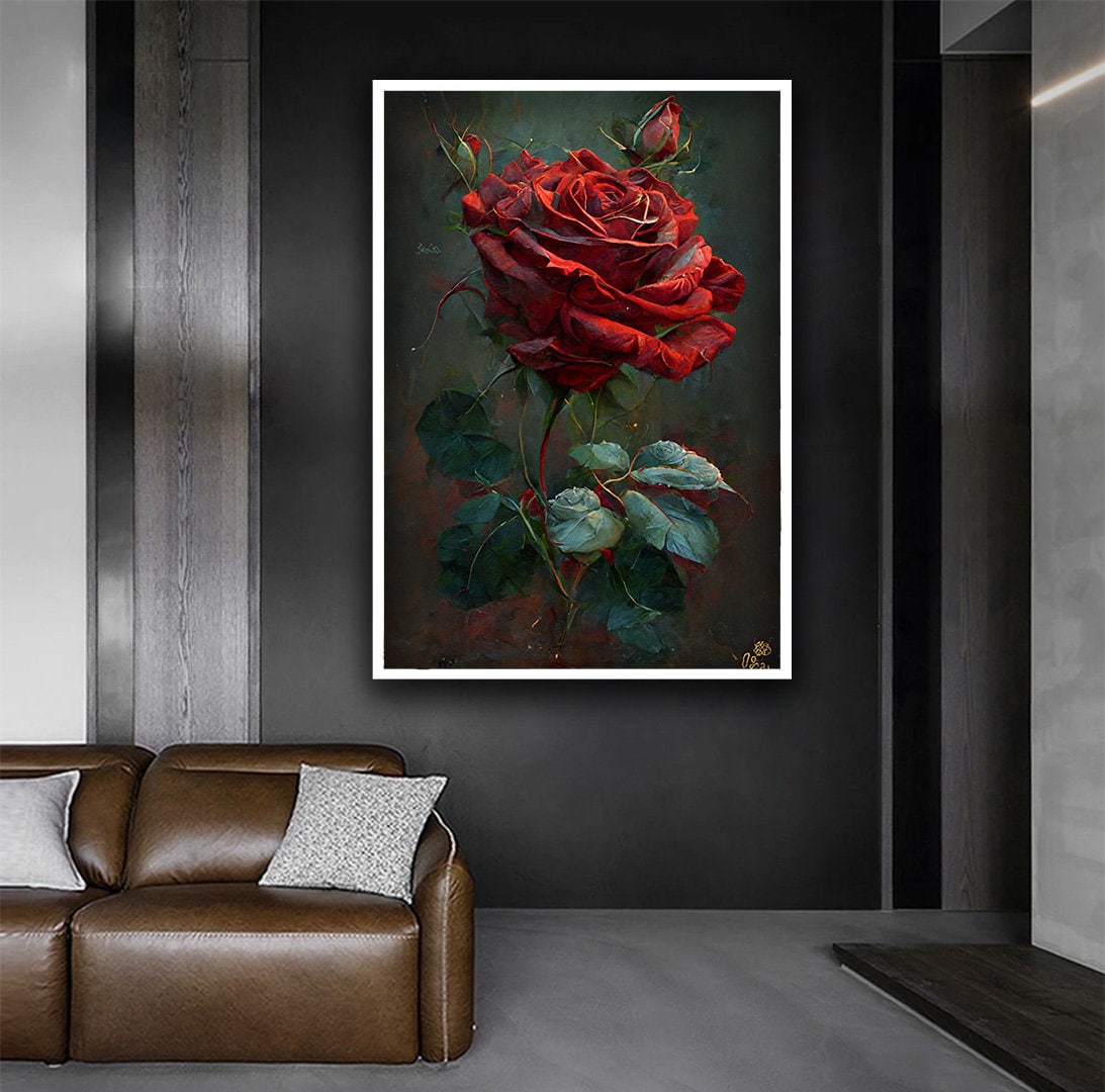 Red Rose Canvas, Red Rose Wall Art, Red Rose on the Branch Painting ...