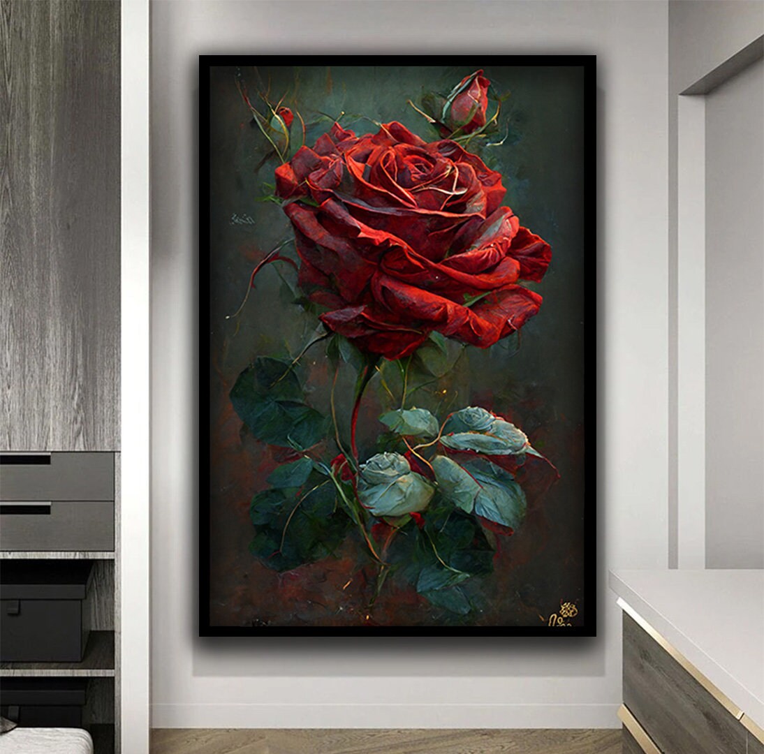 Red Rose Canvas, Red Rose Wall Art, Red Rose on the Branch Painting ...