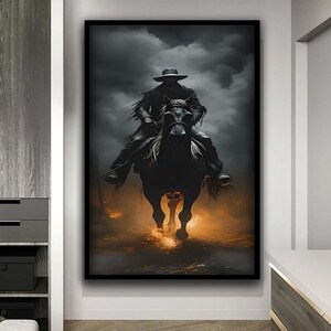 Cowboy Canvas Print, Black Horse and Cowboy Wall Art, Wild West Cowboy ...
