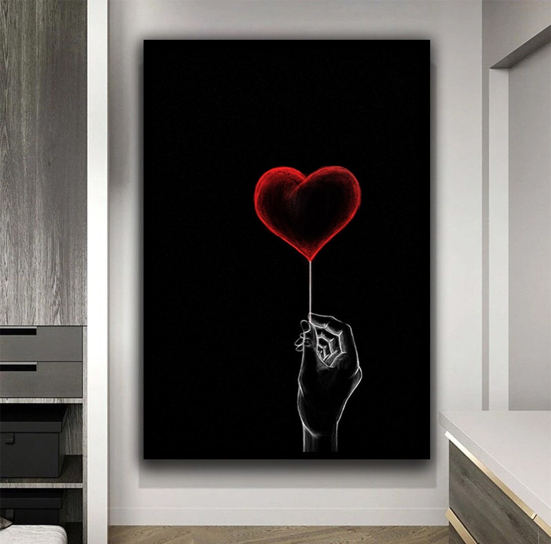 Red Heart Canvas, Red Heart Balloon Wall Art, Heart in Hand Painting ...