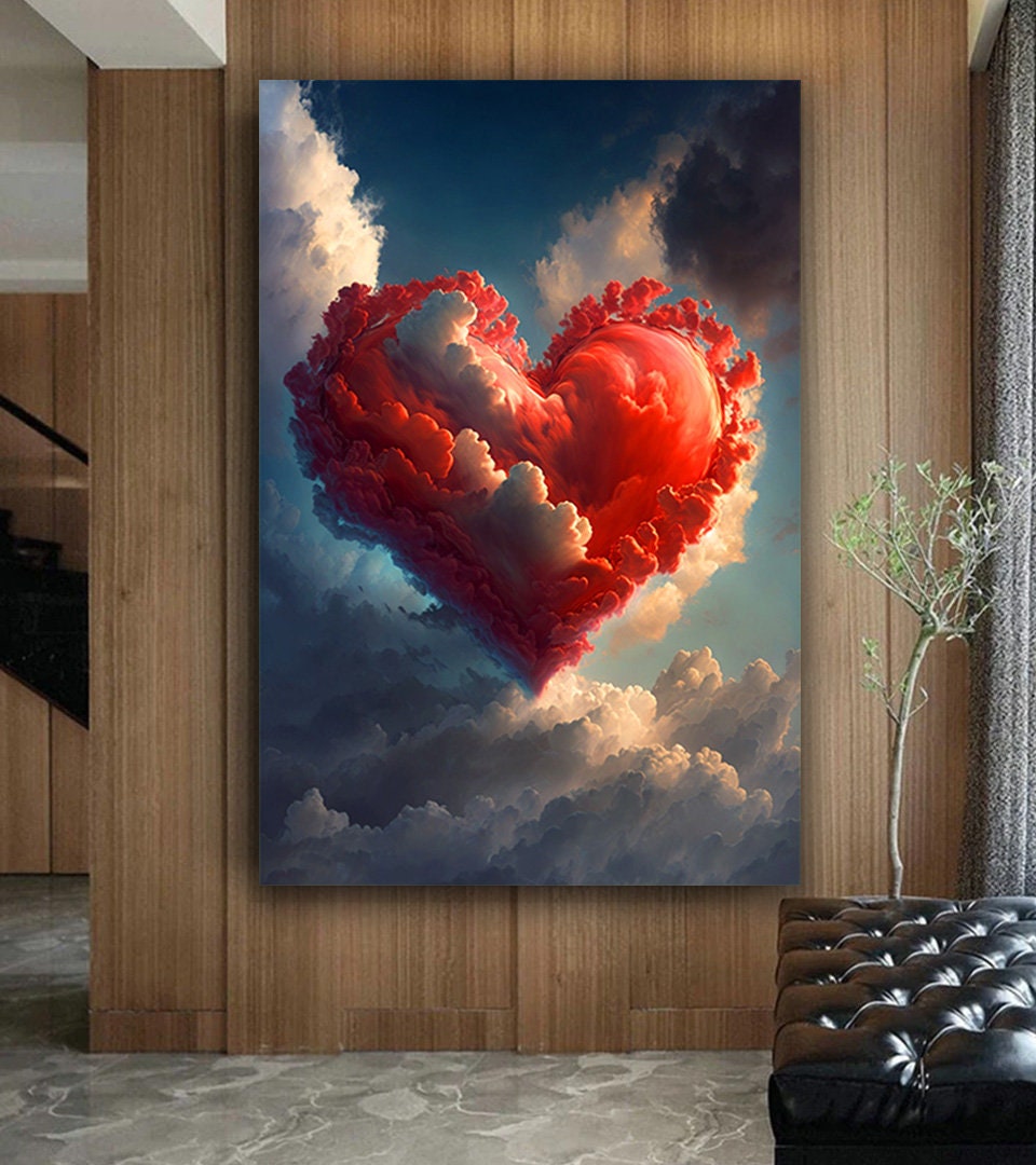 Red Heart Canvas, Heart Cloud Wall Art, Clouds Painting, Love Panel ...