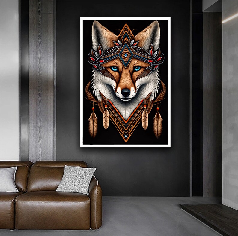 Aztec Style Fox Wall Art, Fox Canvas, Aztec Style Fox Painting, Blue ...