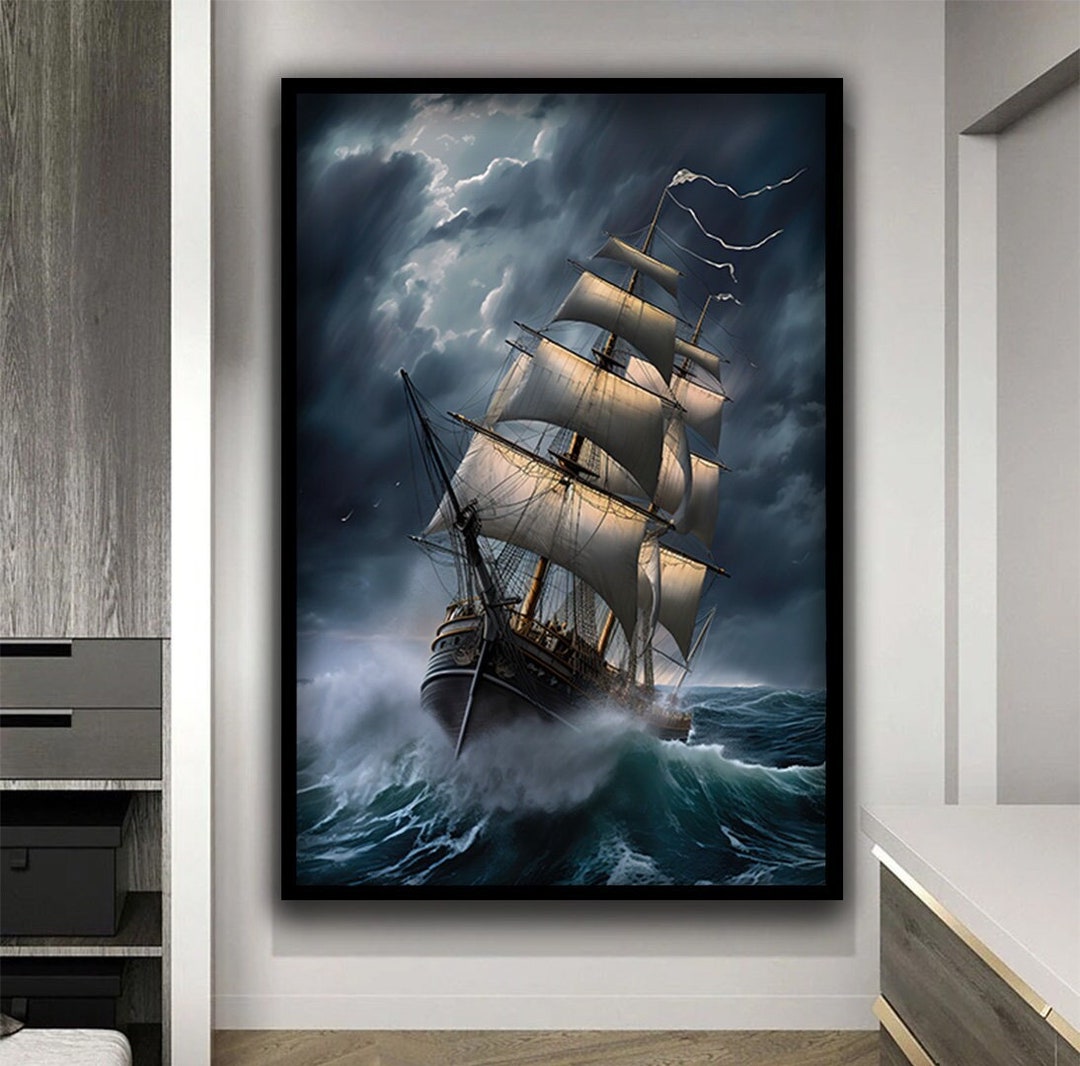 Ship in Storm Canvas, Pirate Ship Wall Art, Pirate Ship Sea Storm Art ...