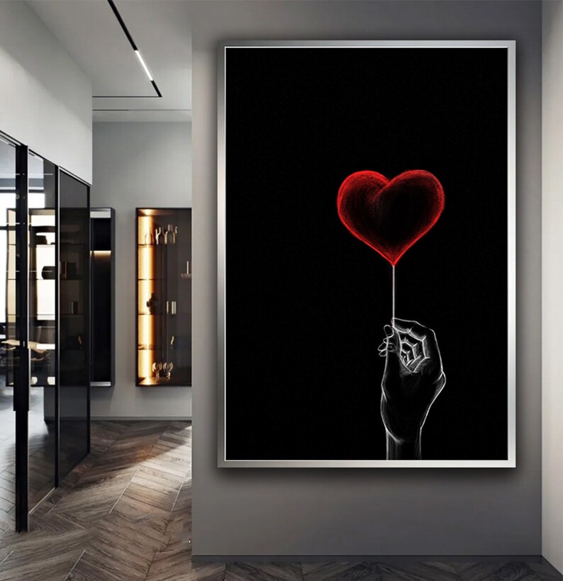 Red Heart Canvas, Red Heart Balloon Wall Art, Heart in Hand Painting ...