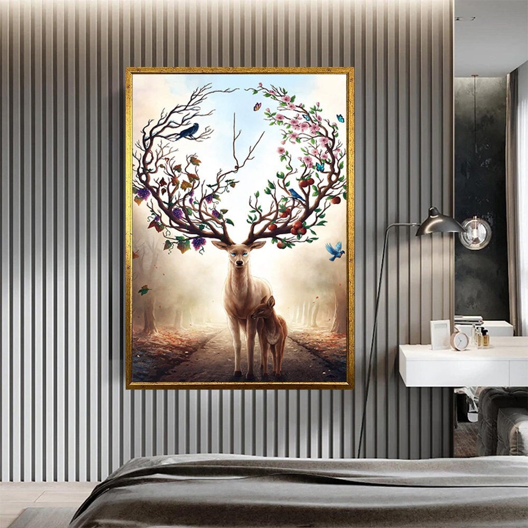 Deer Canvas Print, Deer and Fawn Wall Art, Flowering Antlered Deer ...