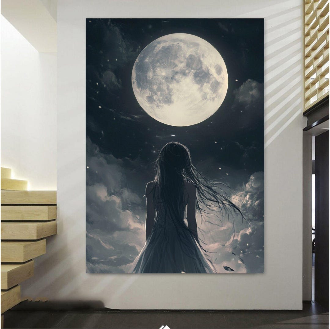 Girl Under the Full Moon Canvas Print, Full Moon Canvas Wall Art ...