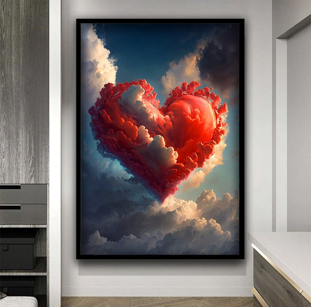 Red Heart Canvas, Heart Cloud Wall Art, Clouds Painting, Love Panel ...