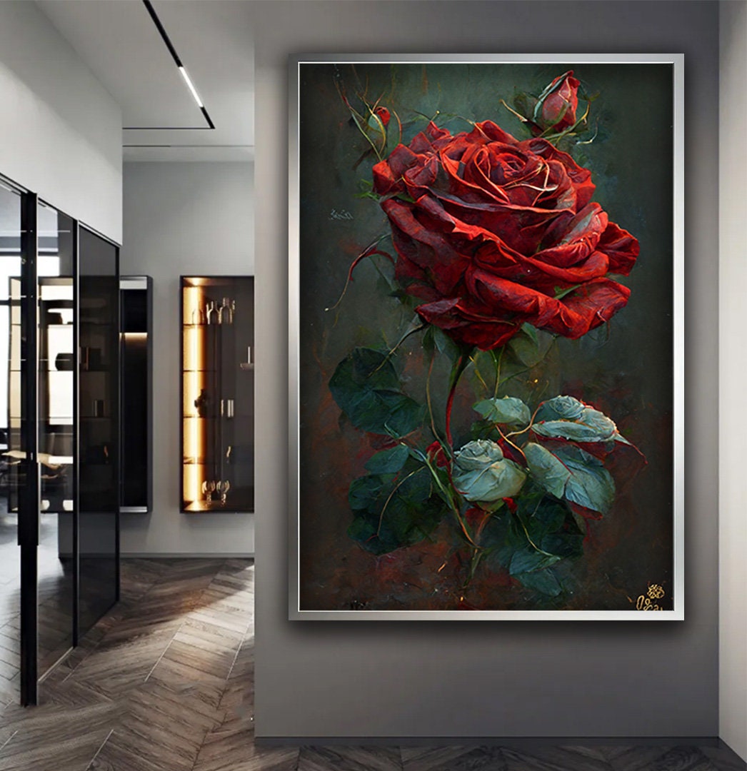 Red Rose Canvas, Red Rose Wall Art, Red Rose on the Branch Painting ...