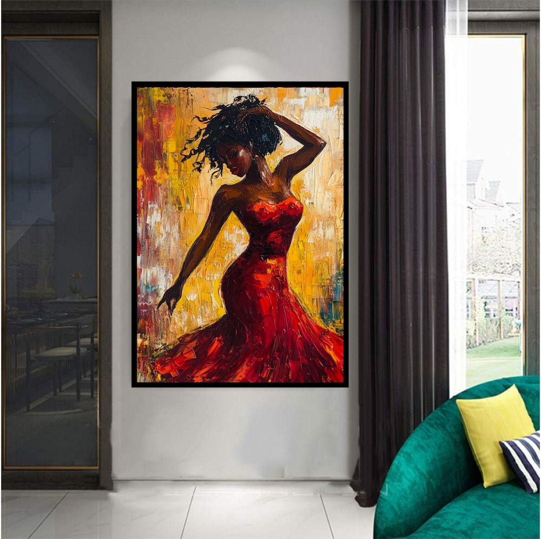 Black Woman in Red Dress Canvas Print, Elegant Black Woman Canvas Painting, Dancing Woman Wall ...