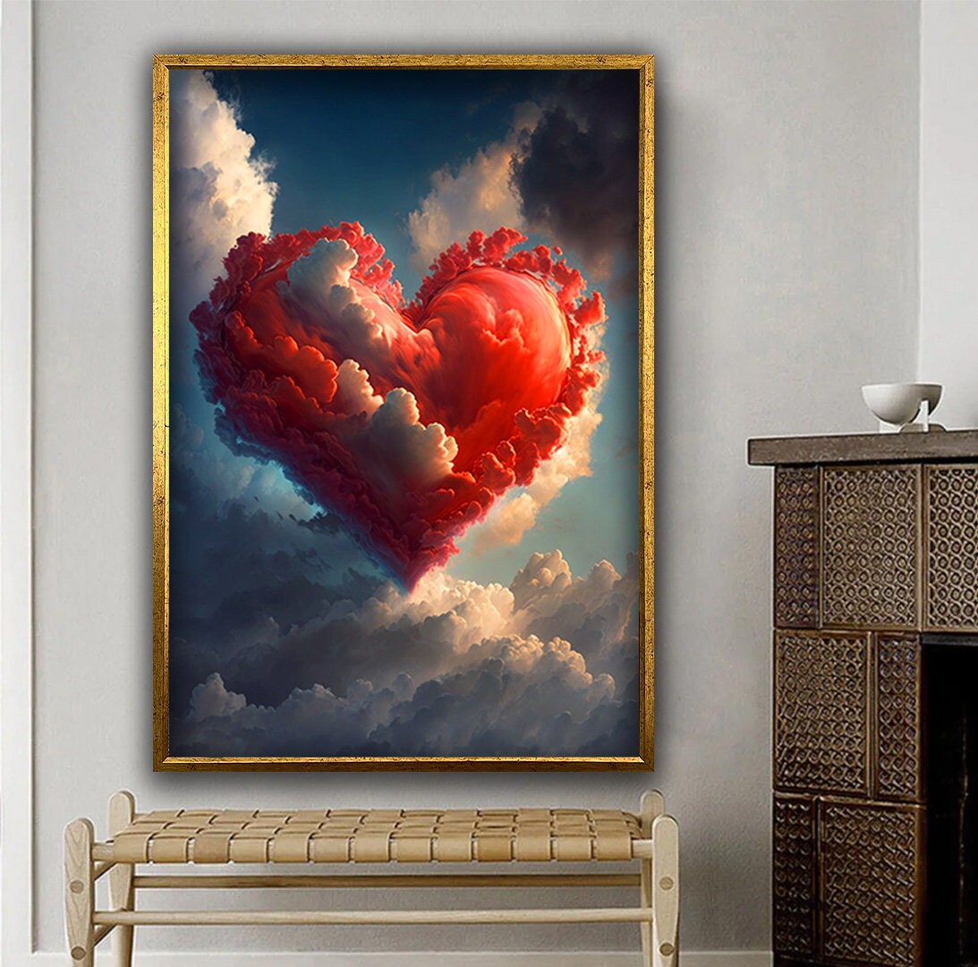 Red Heart Canvas, Heart Cloud Wall Art, Clouds Painting, Love Panel ...