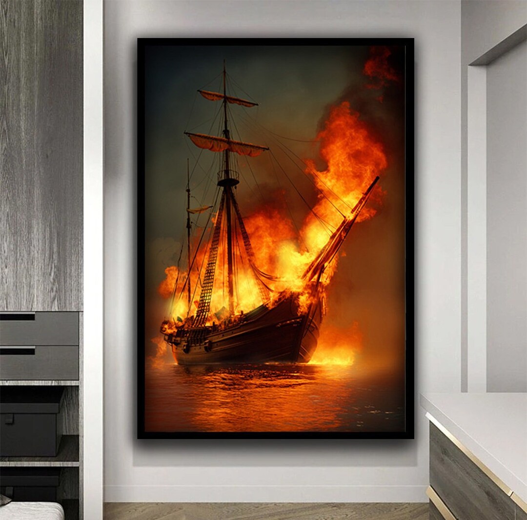 Burning Pirate Ship Wall Art, Pirate Ship Canvas, Pirate Ship Painting ...