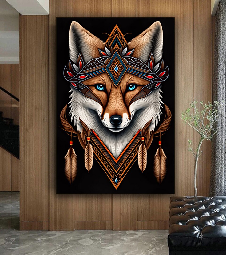 Aztec Style Fox Wall Art, Fox Canvas, Aztec Style Fox Painting, Blue ...