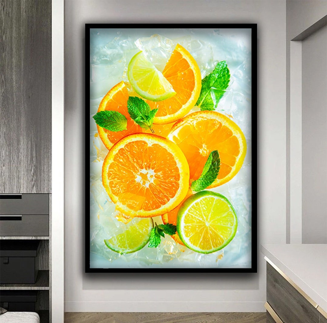 Fruit Canvas, Orange Lemon and Mint Wall Art, Fruits on Ice Painting ...