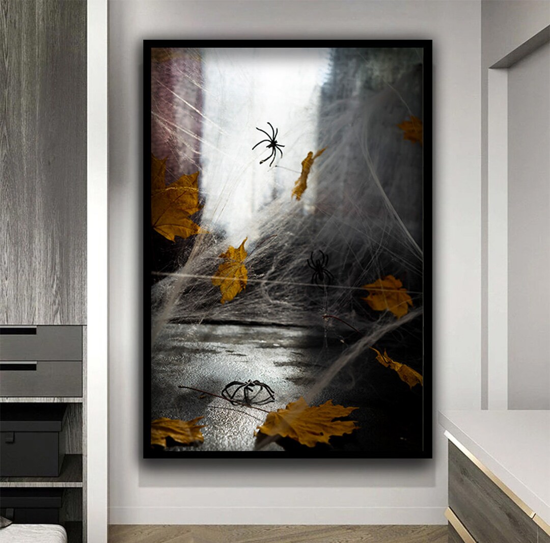 Spider Canvas, Spider Web Wall Art, Withered Leaf Painting, Hallowen ...