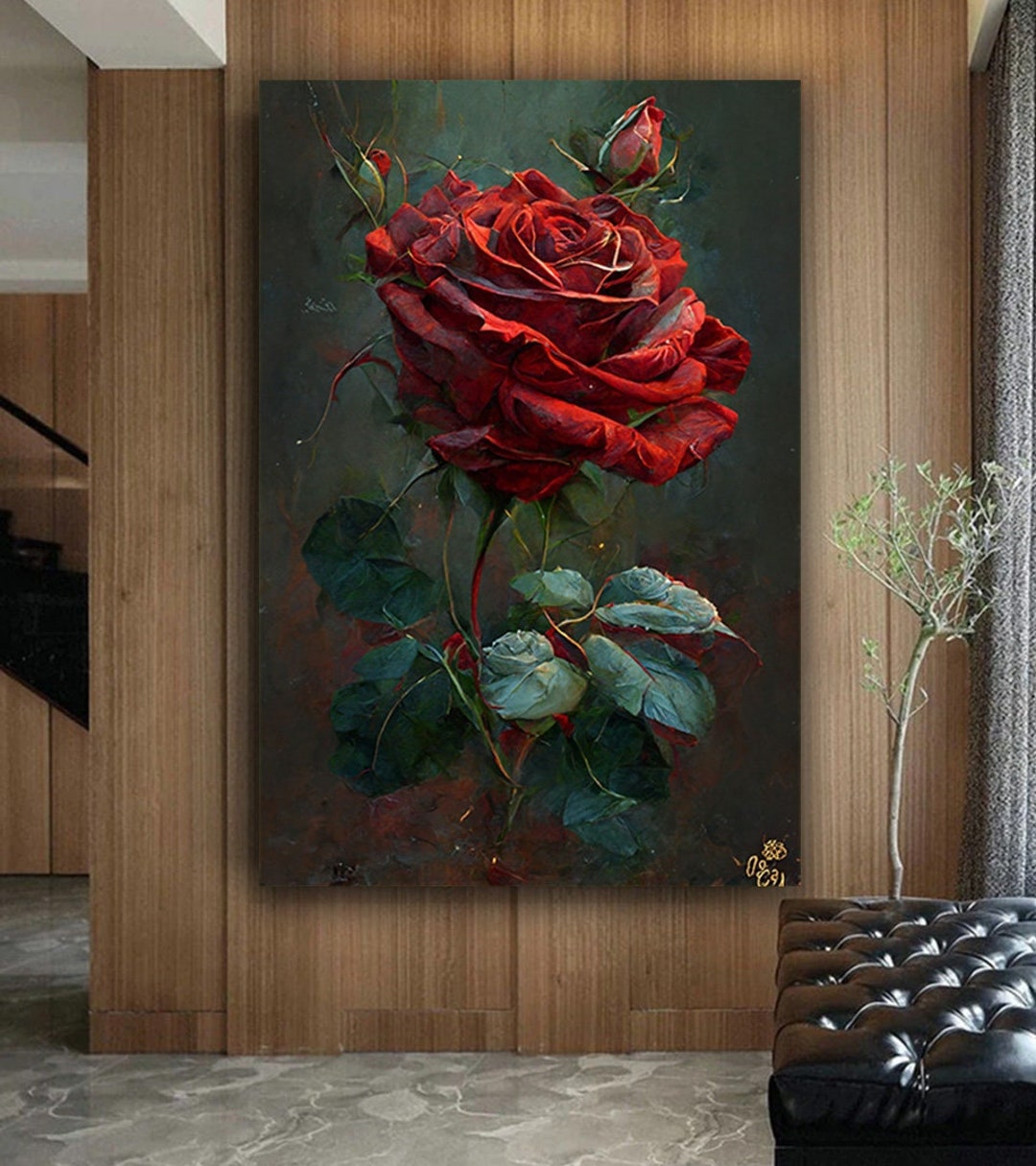 Red Rose Canvas, Red Rose Wall Art, Red Rose on the Branch Painting ...