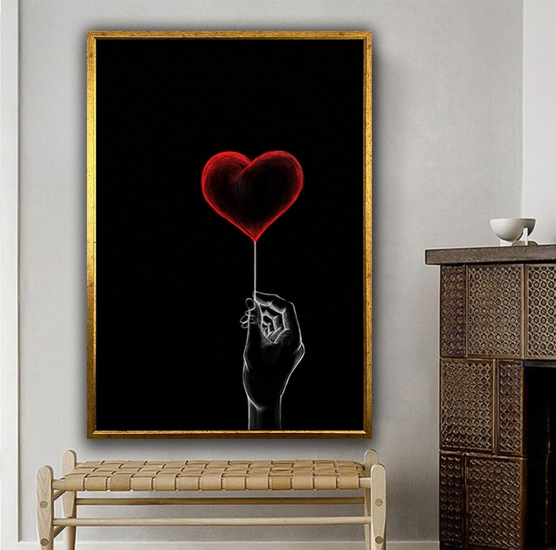 Red Heart Canvas, Red Heart Balloon Wall Art, Heart in Hand Painting ...