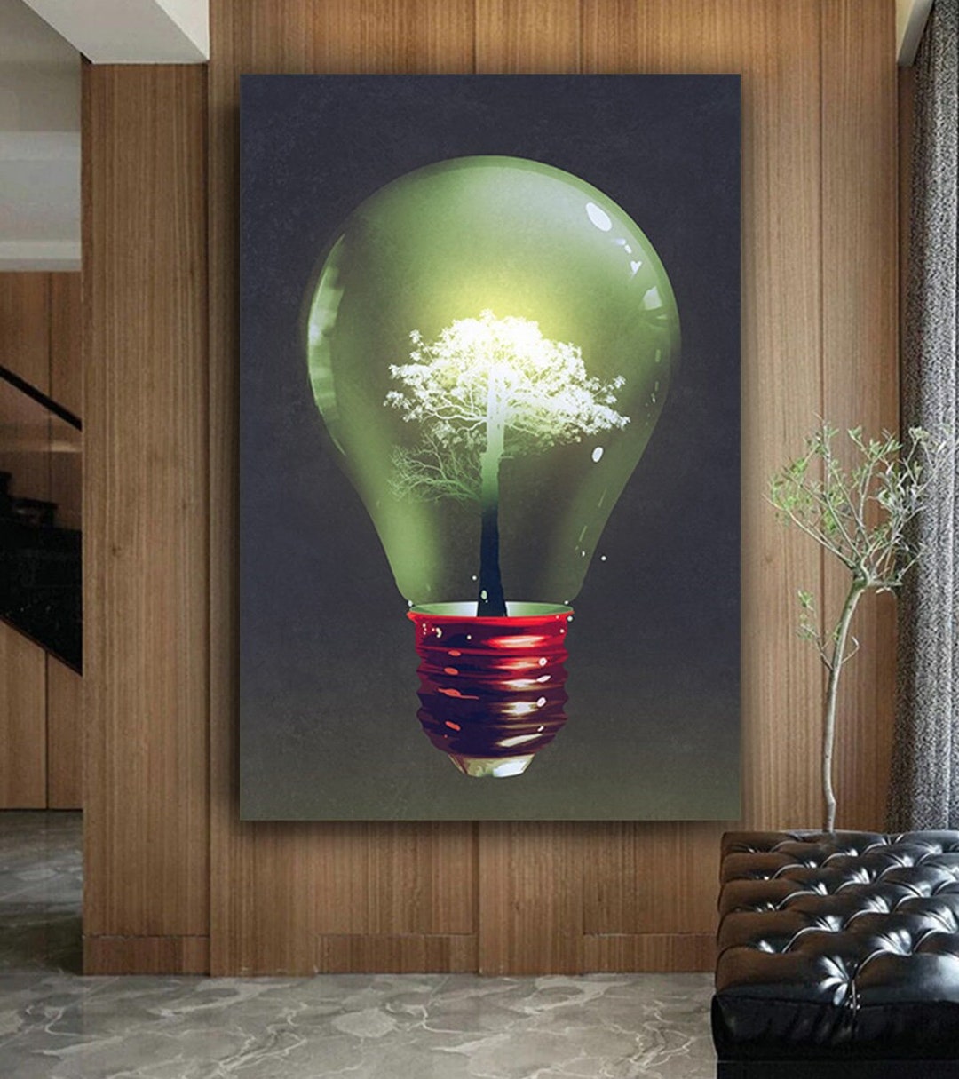 Light Bulb Canvas, Tree in a Bulb Art, Green Light Bulb Painting ...