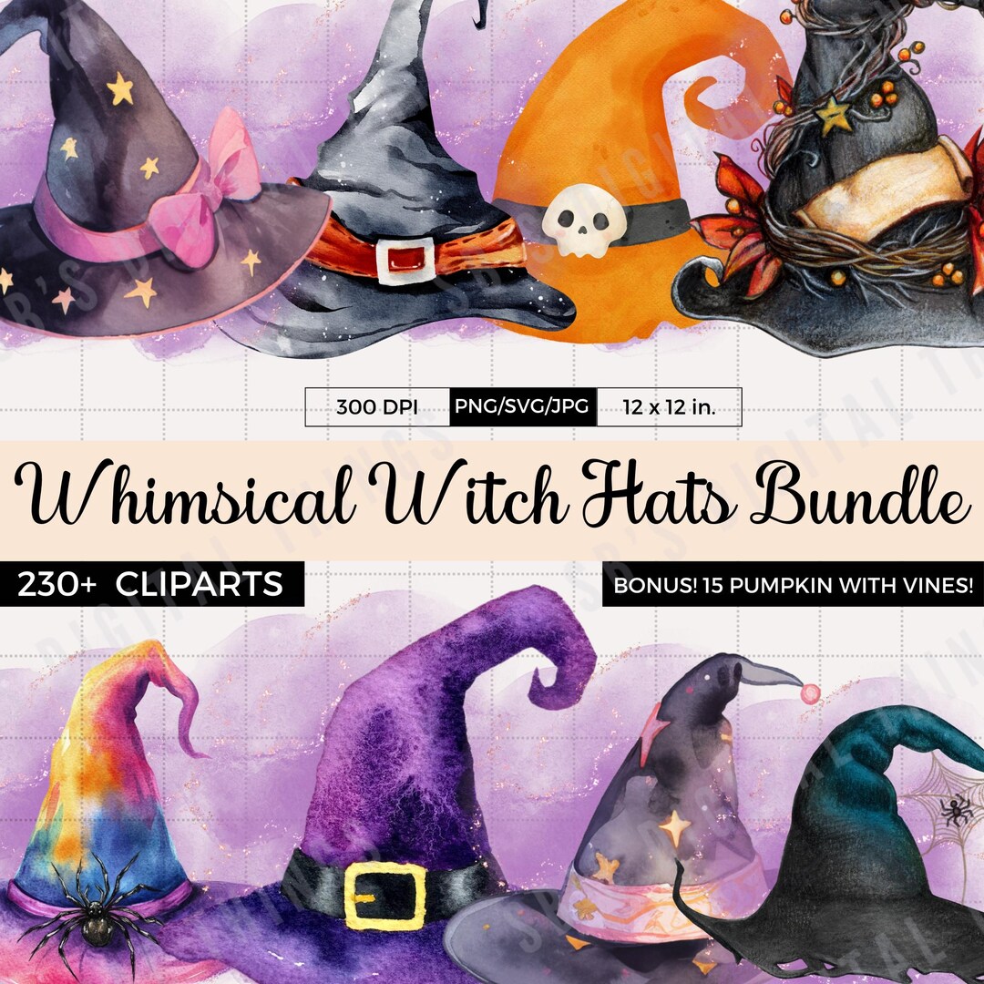 Whimsical Witch Hats Bundle | 60 Magical Enchanted Headwear Clip Arts ...