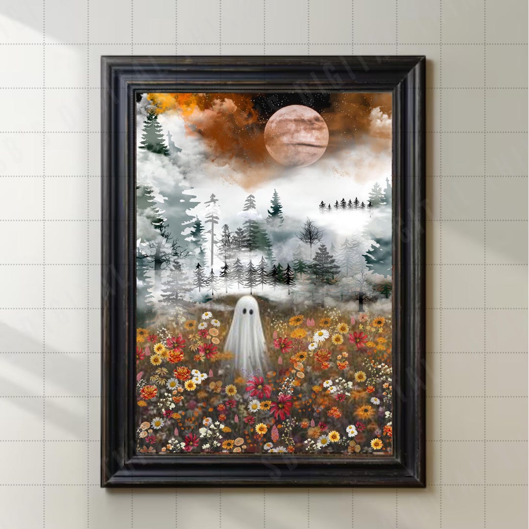 Ghost in Enchanted Forest Meadow Print, Whimsical Halloween Decor ...