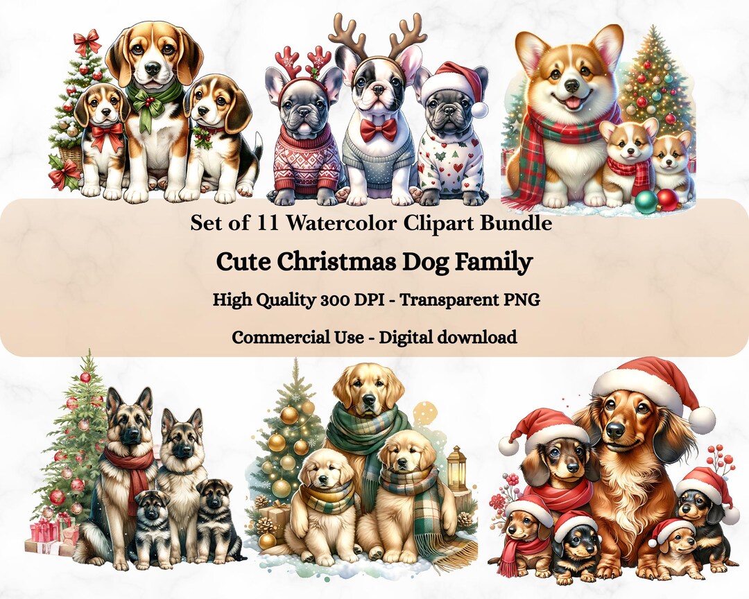 Watercolor Christmas Dog Family Clipart | Cute Puppy Holiday Bundle PNG ...