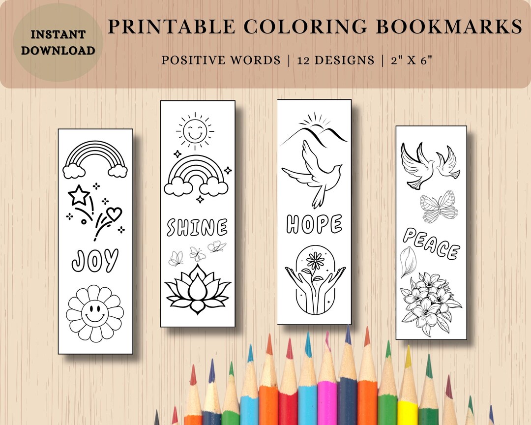 Set of 12 Coloring Positive Words Printable Bookmarks for Kids, Adults ...