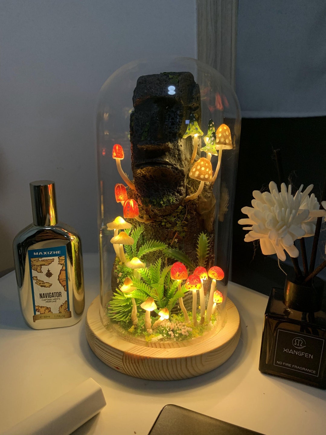 Handcrafted Mushroom Lamp With Moai Decor - Charming Mushroom Light for ...