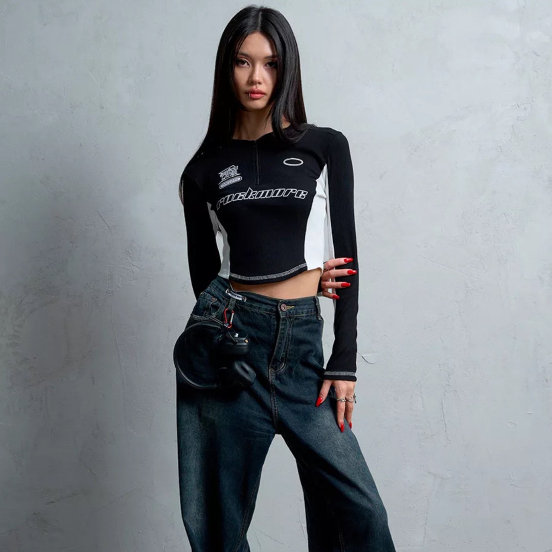 Y2K Top Long Sleeve Pattern 90s Inspired Crop Top Tee Y2K Cyber Shirt ...