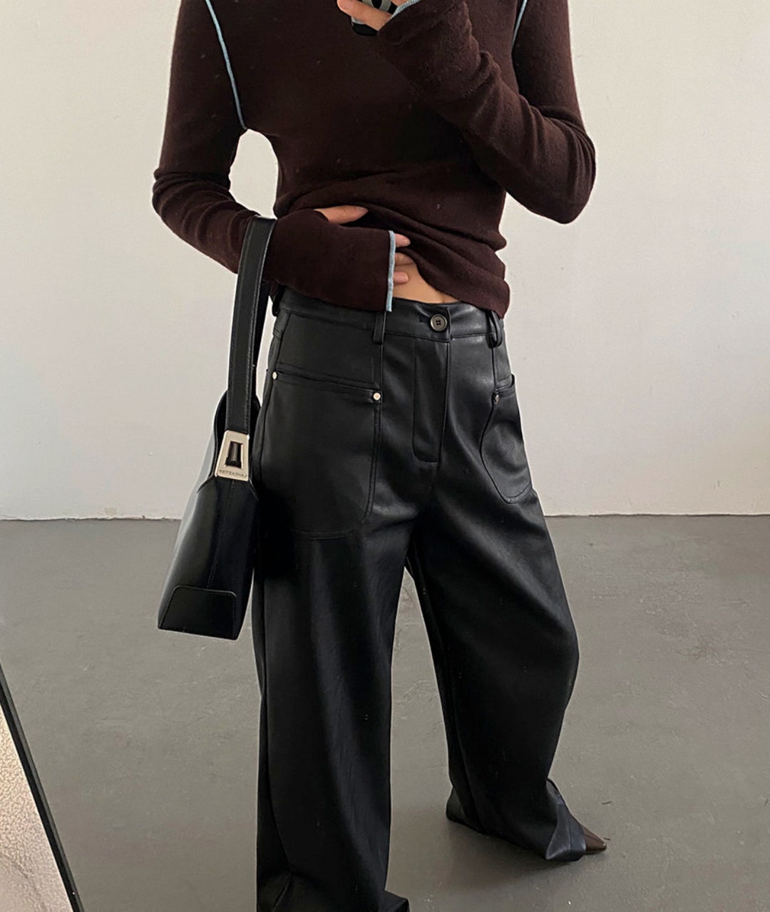 Wide Leg Vegan Leather Floor Length Trousers With Front Straight Pocket ...