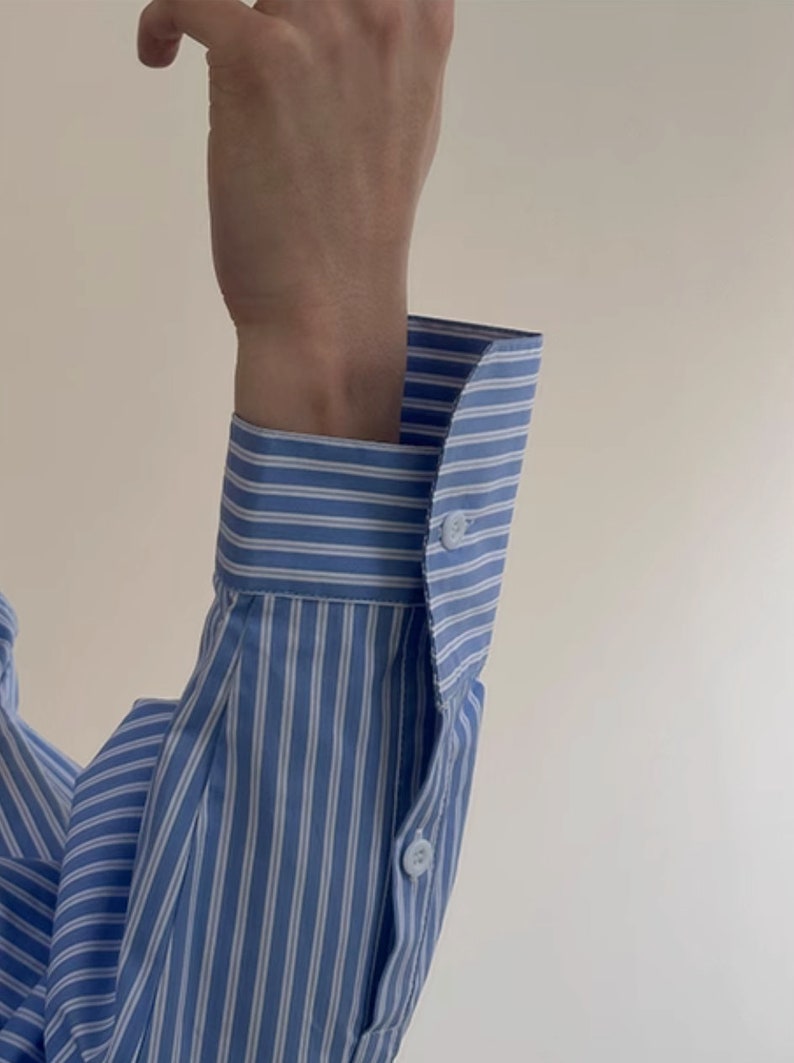 Blue Stripe Folded Collar Shirt With Asymmetric Cuffs, Unisex Stripe ...
