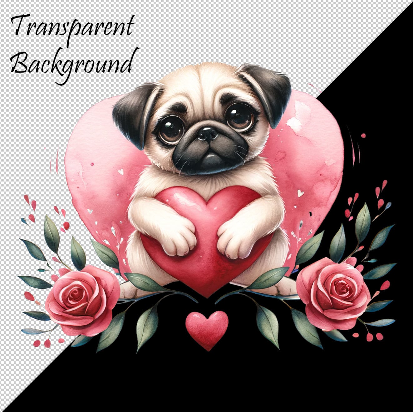 Hug A Pug Valentine's Day Watercolor Clipart Bundle. Clipart Set for ...