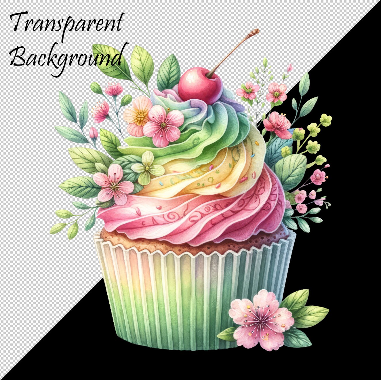 Floral Spring Cupcakes Pastel Watercolor Clipart Bundle. Clipart Set ...