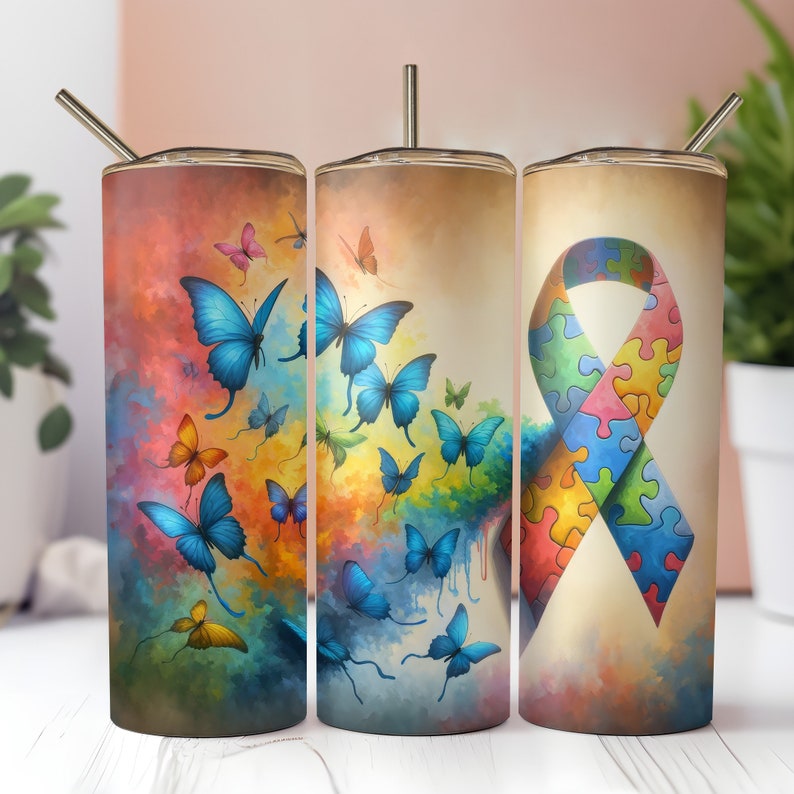 Rainbow Puzzle Butterfly Autism Awareness 20 & 30 Oz Straight Skinny ...