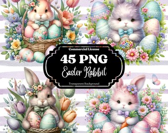 Cute Bunny in Spring Flowers Watercolor Clipart Bundle. Clipart Set for ...