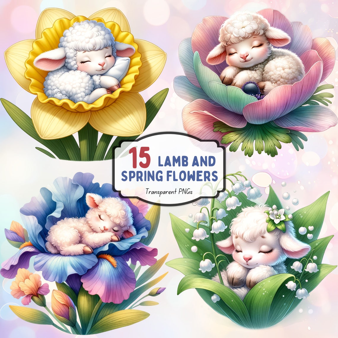 Cute Lamb in Spring Flowers Watercolor Clipart Bundle. Clipart Set for ...