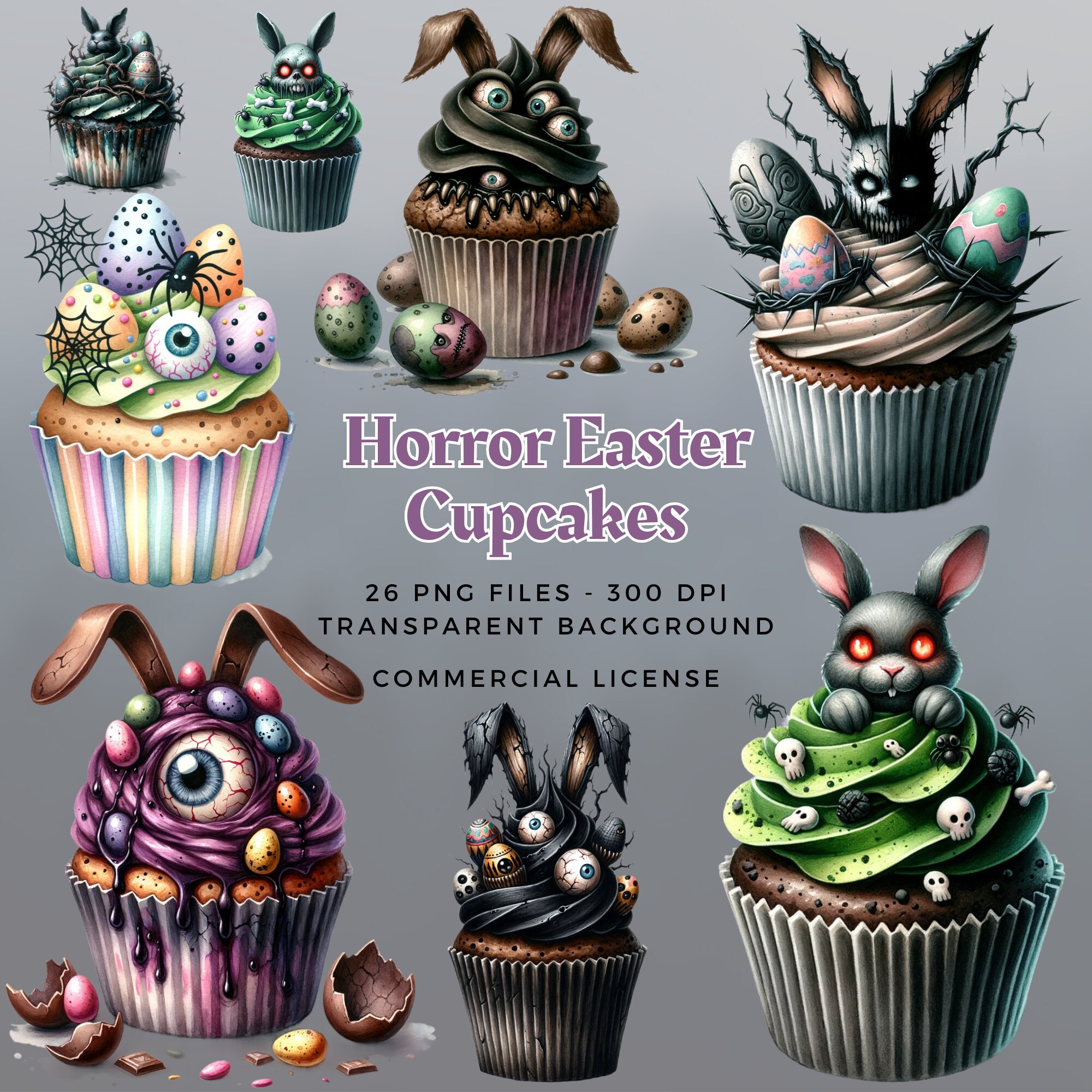 Horror Easter Cupcakes Watercolor Clipart Bundle. Clipart Set for ...