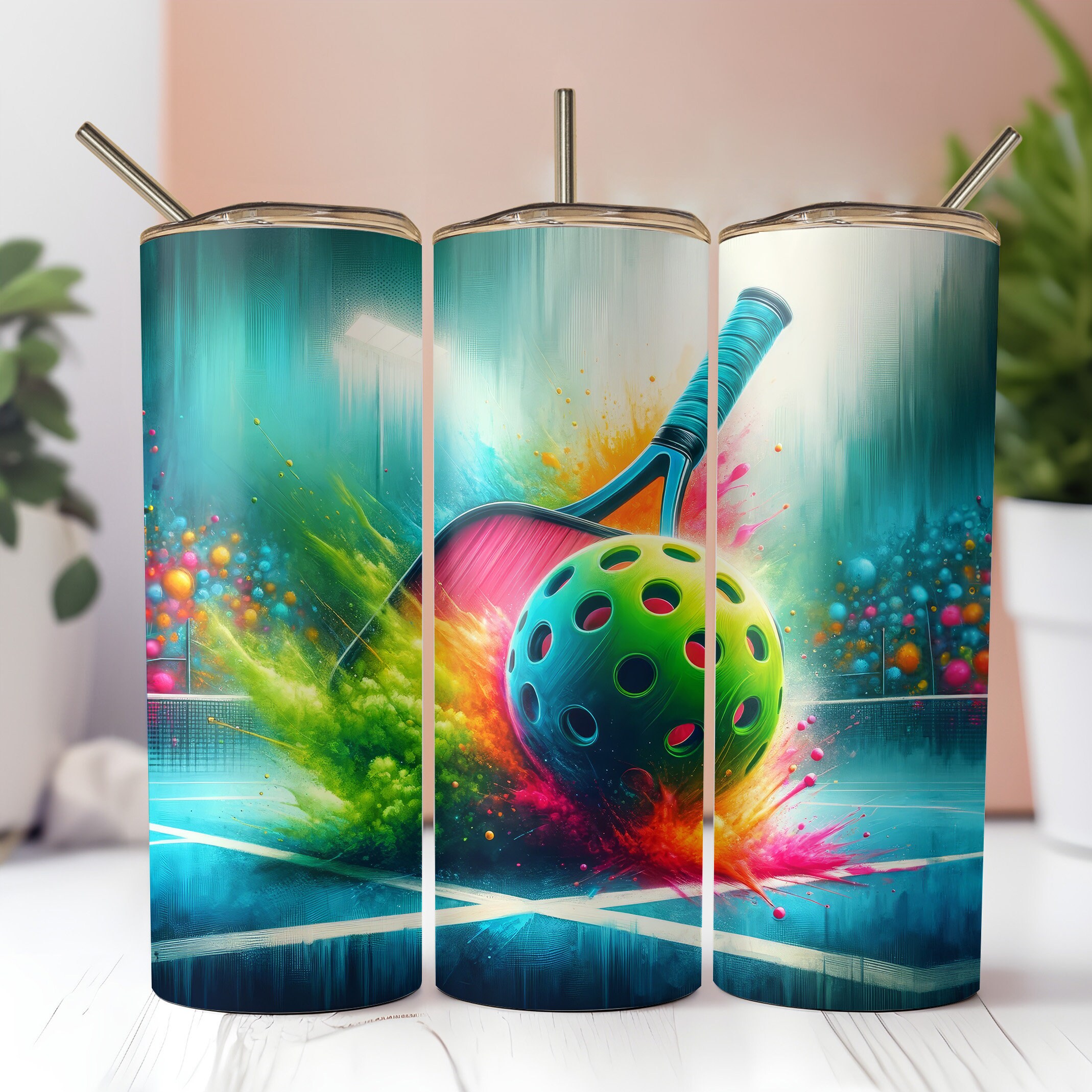 Vibrant Contemporary Pickleball Sport 20 & 30 Oz Straight Skinny ...