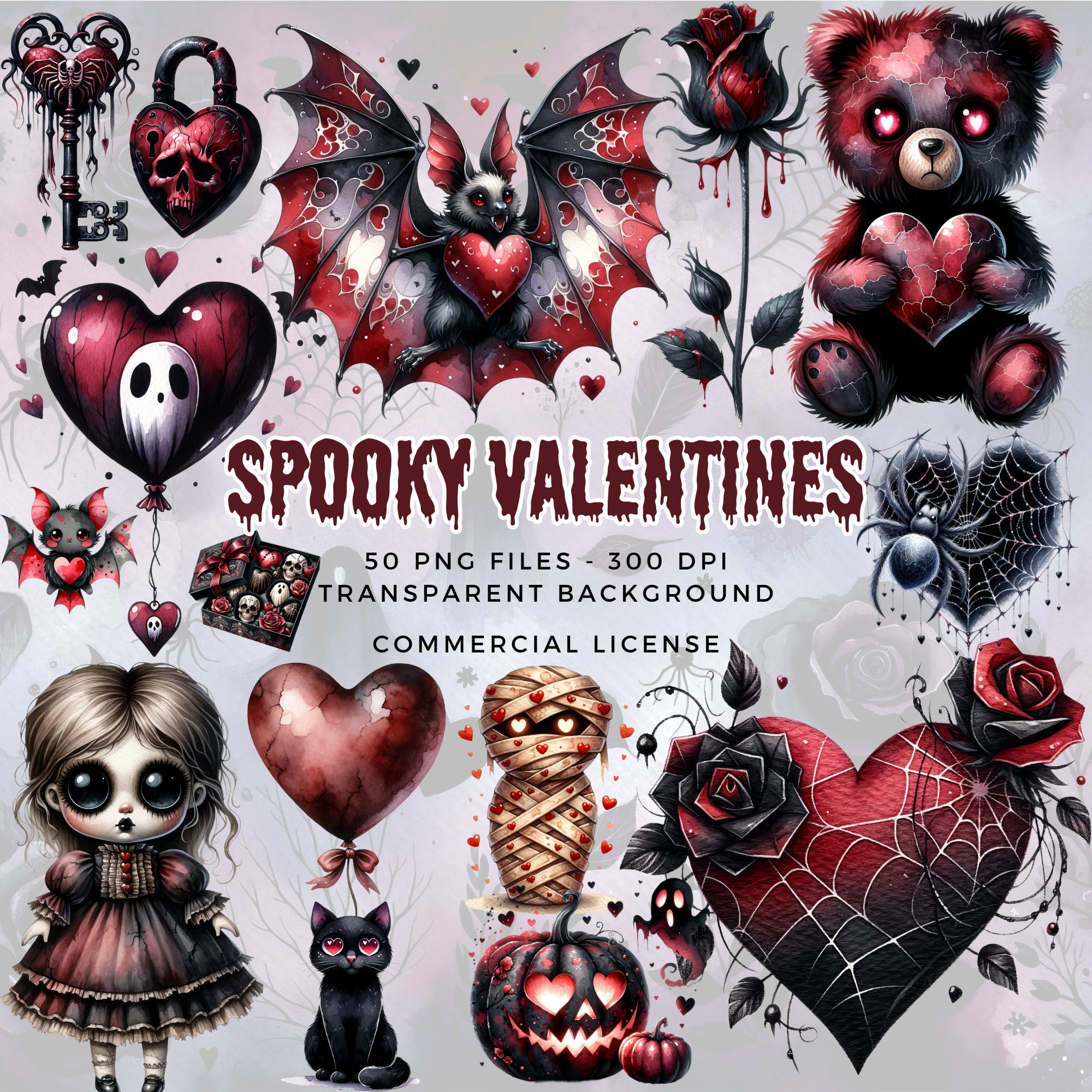 Spooky Valentine's Watercolor Clipart Bundle. Dark Themed Clipart Set ...
